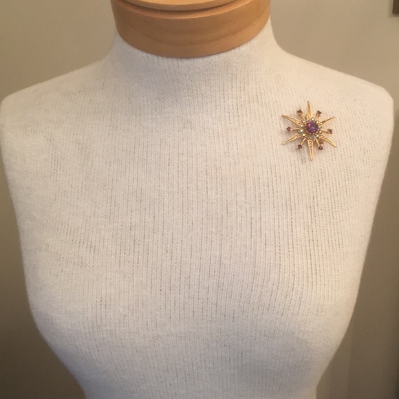 Vintage | Jewelry | Vintage Matte Gold Star Pin Purple Rhinestones ...